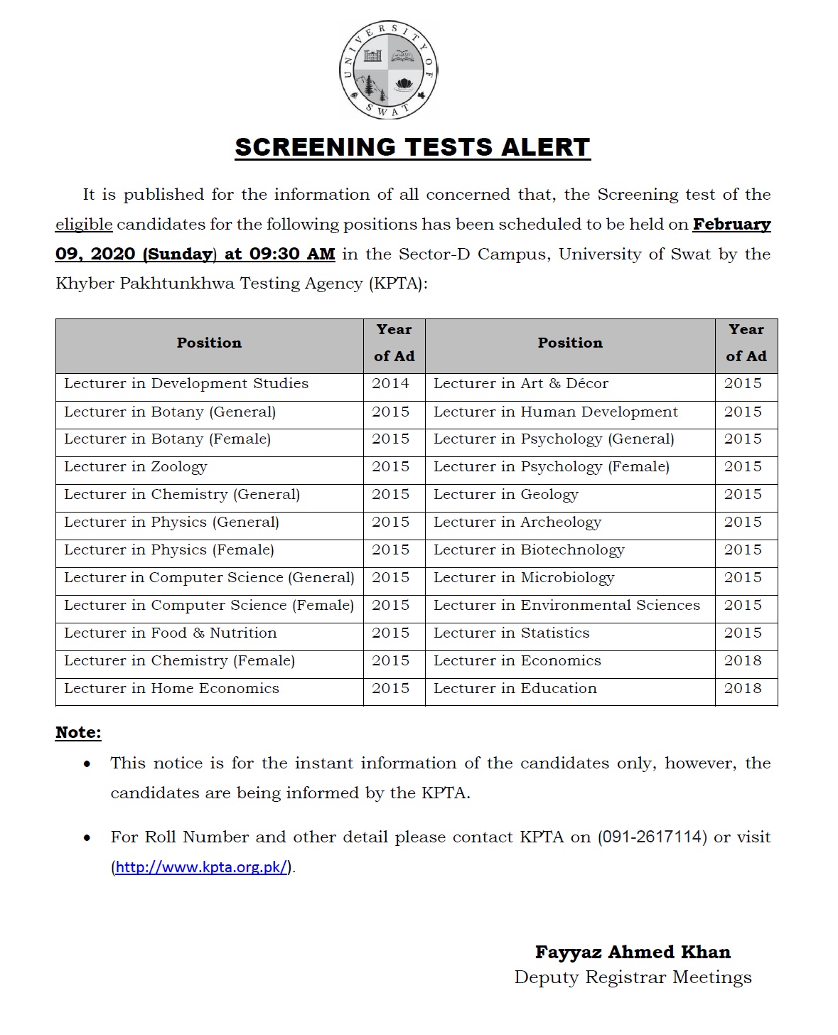 Screening Test Alert – UNIVERSITY OF SWAT