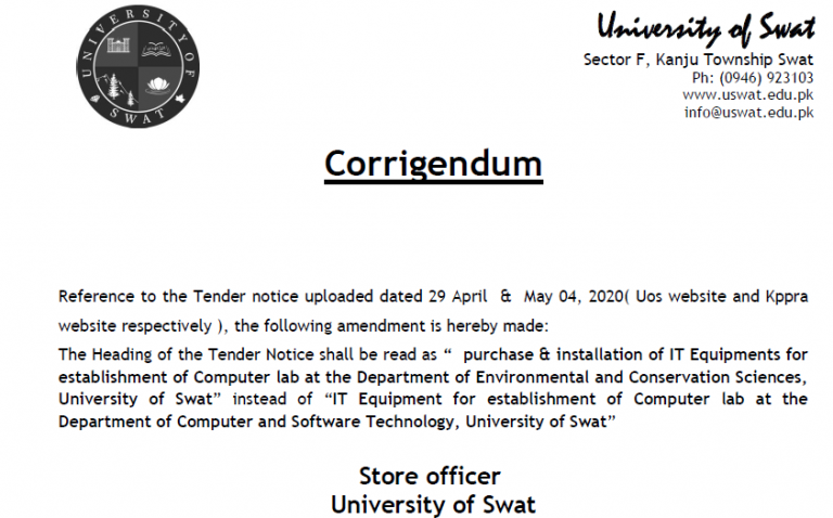 Corrigendum (Tender notice uploaded dated 29 April & May 04, 2020) – UNIVERSITY OF SWAT