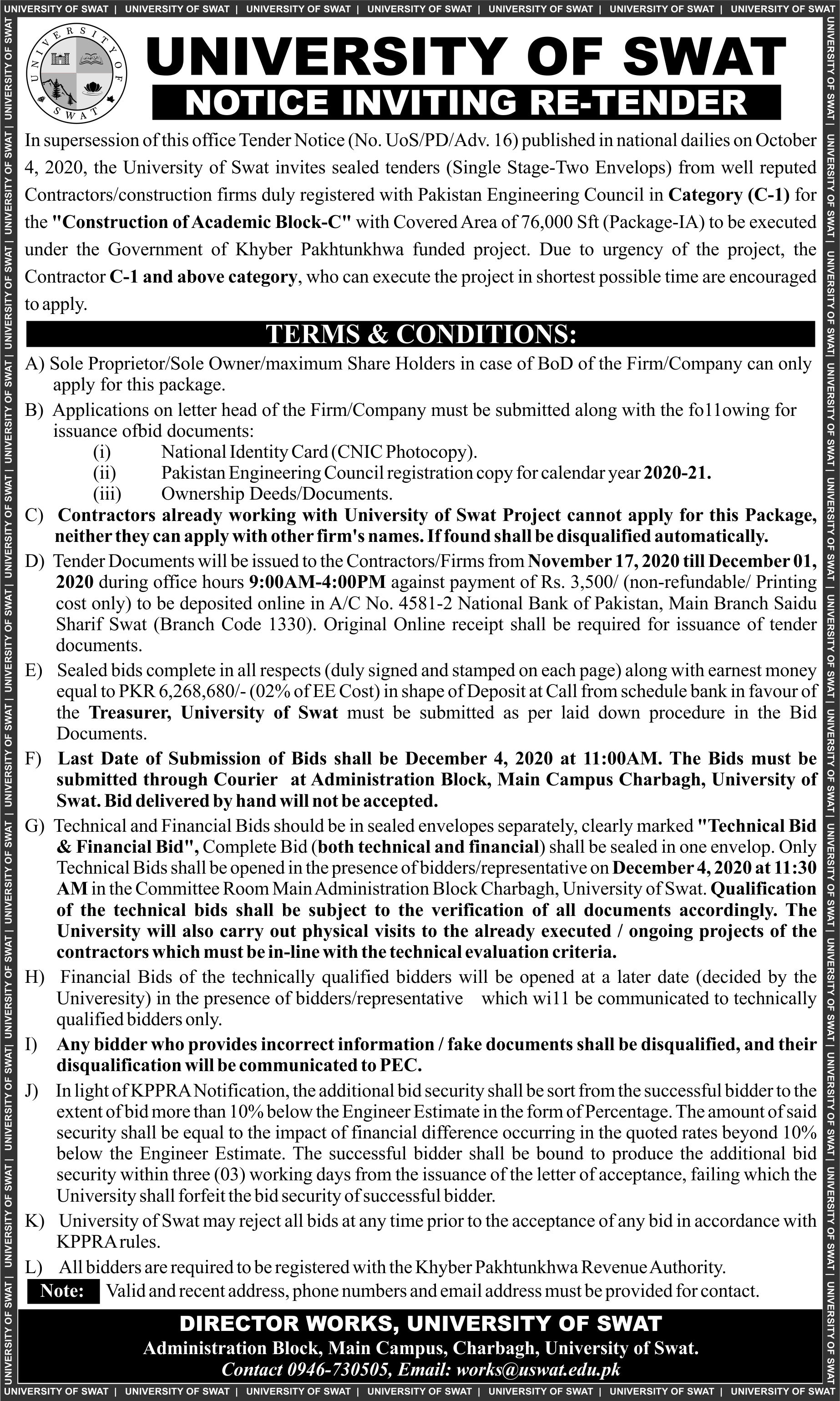 Re-Tender of Package (IA) – UNIVERSITY OF SWAT