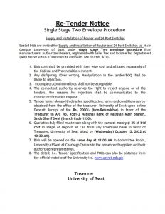 Re-Tender Notice Single Stage Two Envelope Procedure – UNIVERSITY OF SWAT