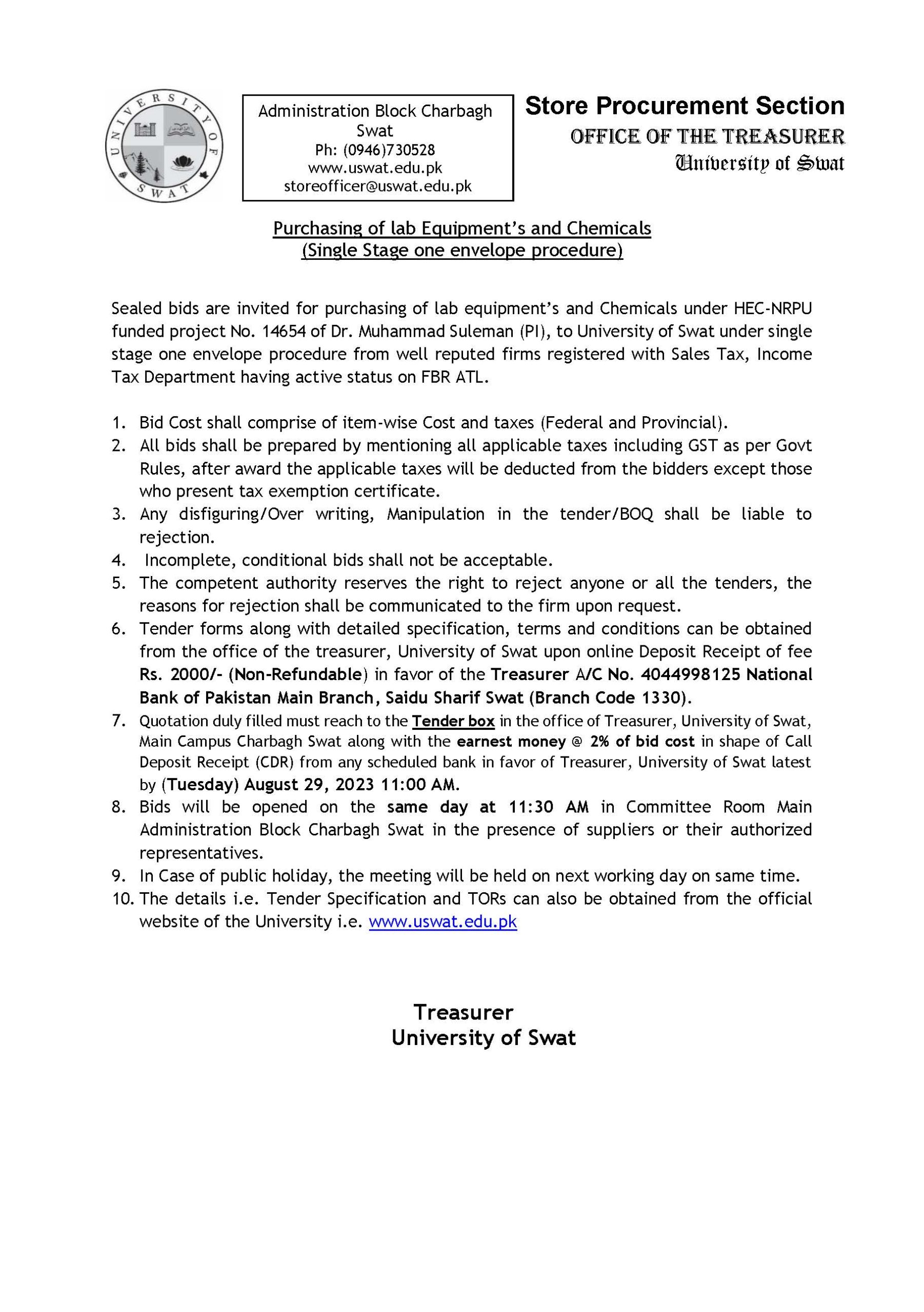 Purchasing of lab Equipment’s and Chemicals(Single Stage one envelope ...