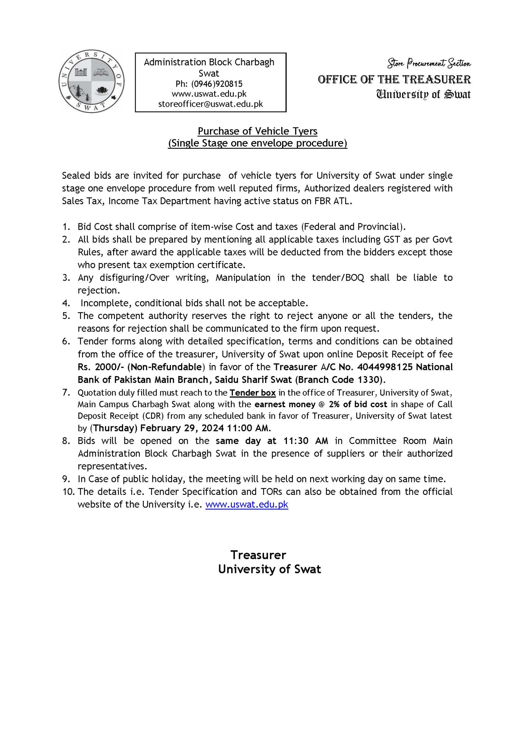 Purchase of Vehicle Tyers (Single Stage one envelope procedure ...