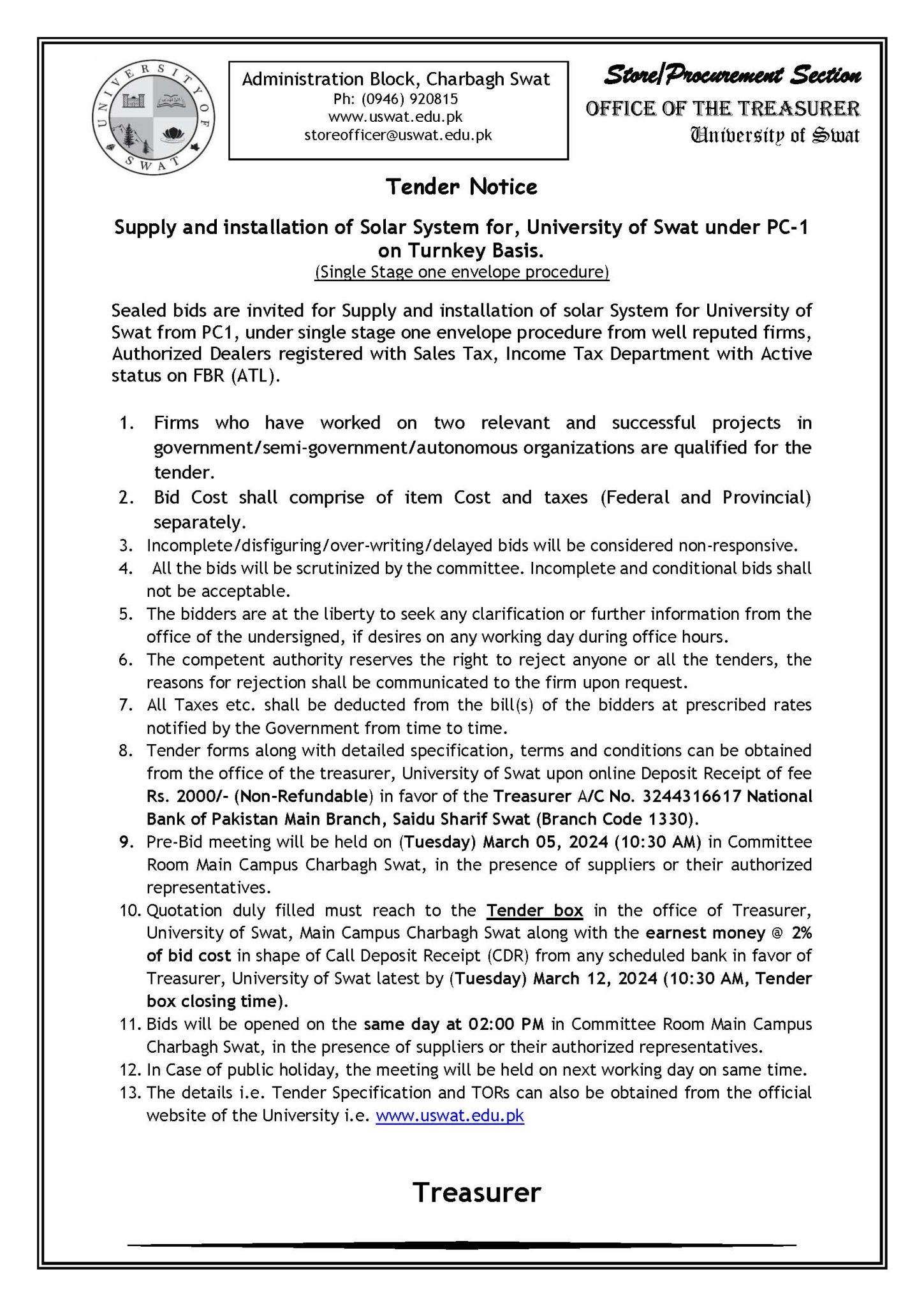 Supply and installation of Solar System for, University of Swat under ...