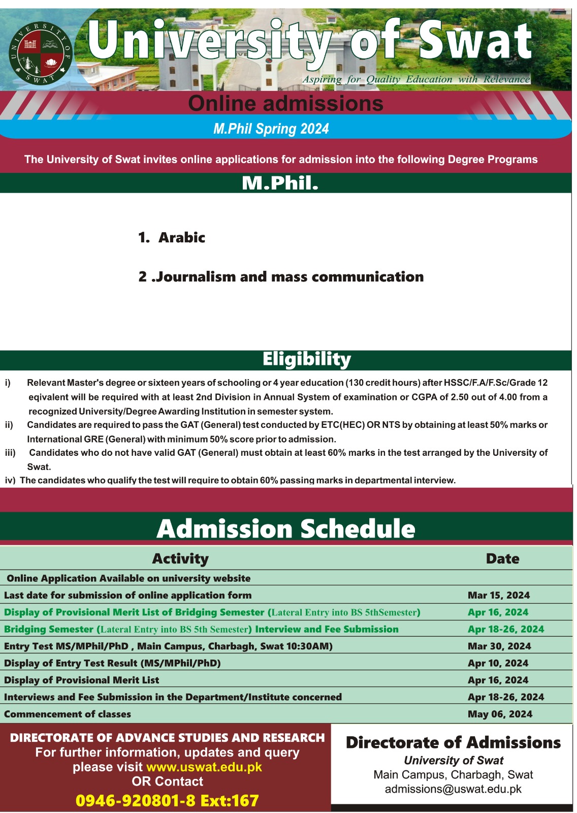 MS/MPhil & PhD Admissions Spring 2024 – UNIVERSITY OF SWAT