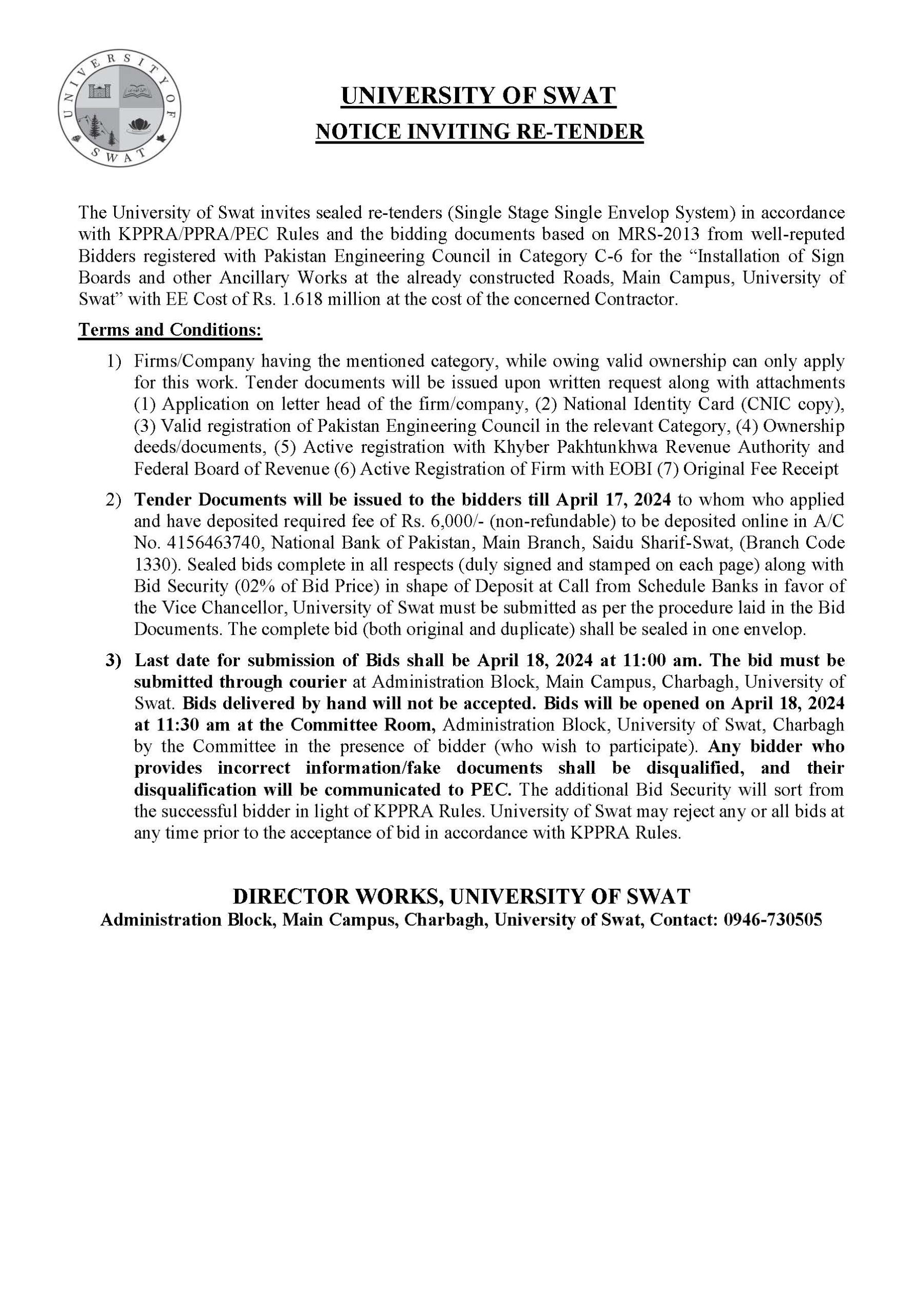 NIT (Re-Tender) for the work, Installation of Sign Boards – UNIVERSITY ...