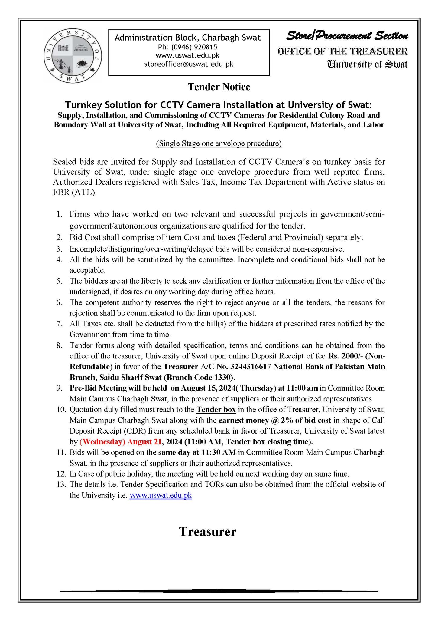 Turnkey Solution for CCTV Camera Installation – UNIVERSITY OF SWAT