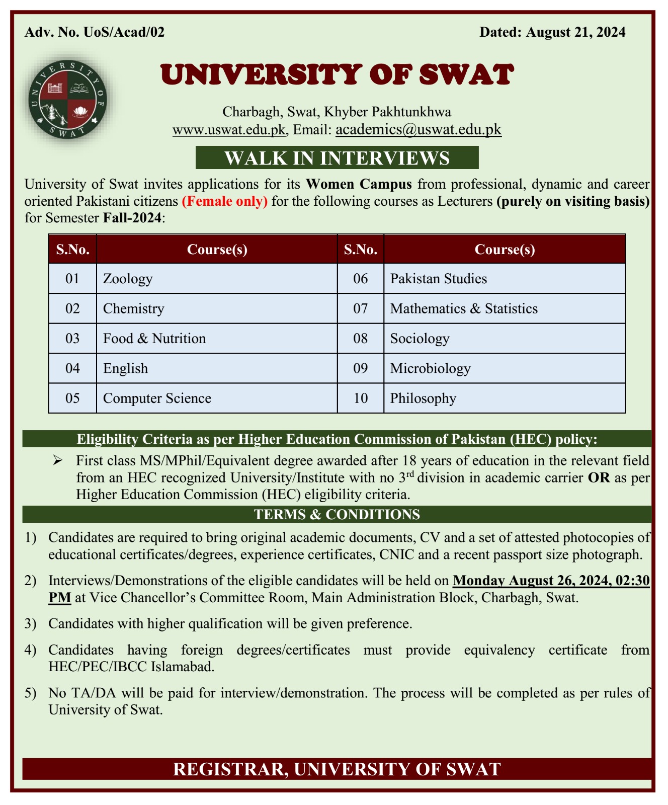 Walk in Interview – UNIVERSITY OF SWAT