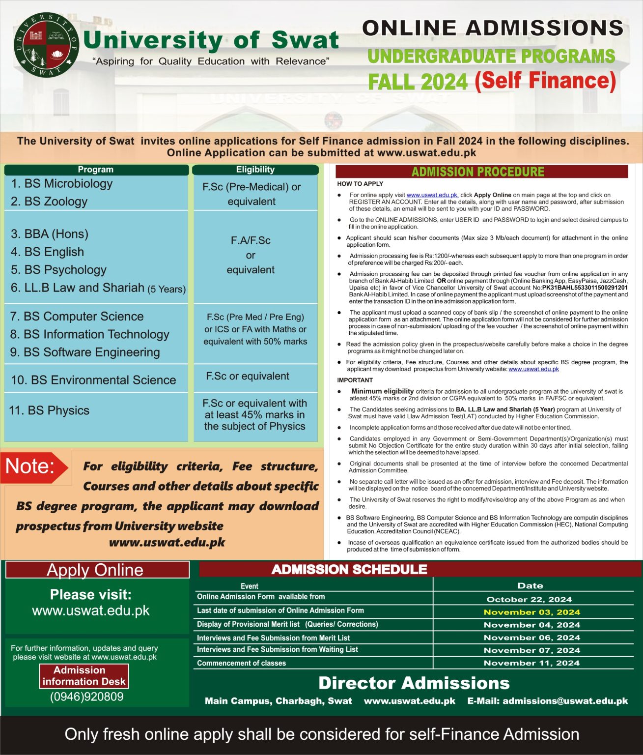 Admission Fall 2024 – UNIVERSITY OF SWAT